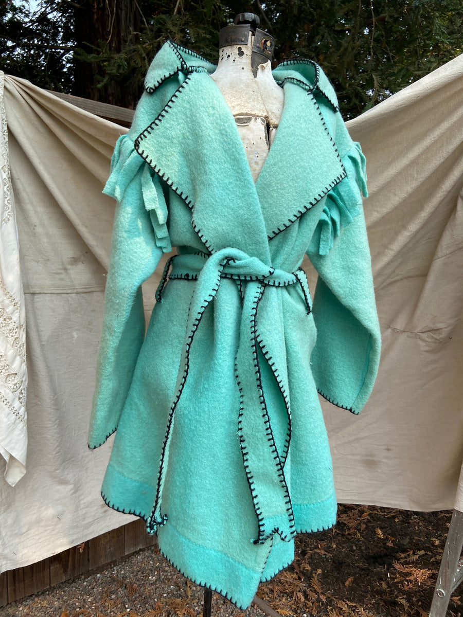 Mid Century Handmade Minty Wool Fringed Capote Coat – Of the Palms